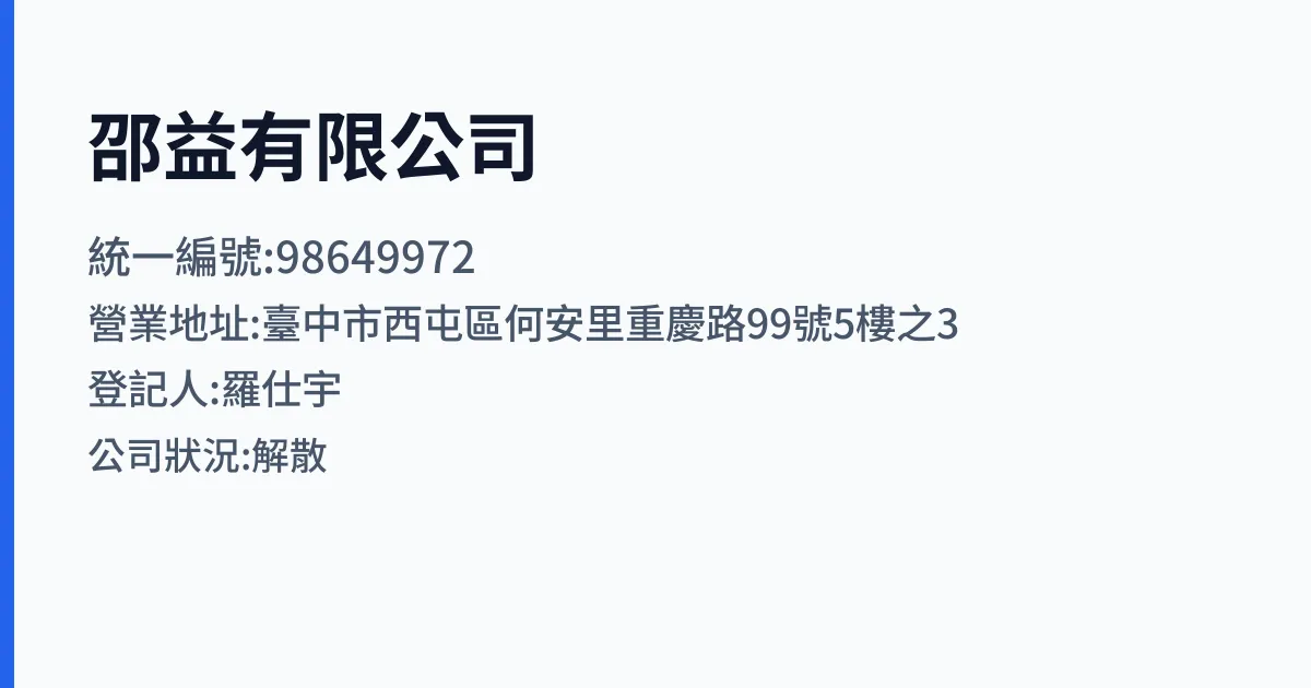 邵益有限公司 - 統編 98649972(臺中市) 公司登記資料與營業項目詳細圖表