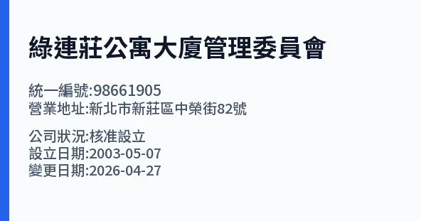 綠連莊公寓大廈管理委員會的照片-統編 98661905(新北市) 公司登記資料與營業項目詳細圖表