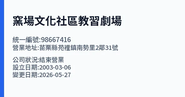 窯場文化社區教習劇場的照片-統編 98667416(苗栗縣) 公司登記資料與營業項目詳細圖表