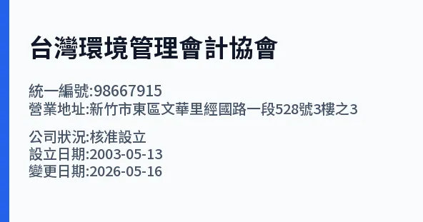 台灣環境管理會計協會的照片-統編 98667915(新竹市) 公司登記資料與營業項目詳細圖表