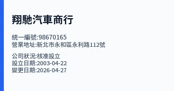 翔馳汽車商行的照片-統編 98670165(新北市) 公司登記資料與營業項目詳細圖表