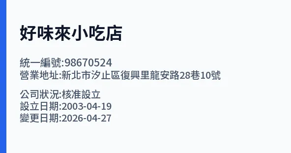 好味來小吃店的照片-統編 98670524(新北市) 公司登記資料與營業項目詳細圖表