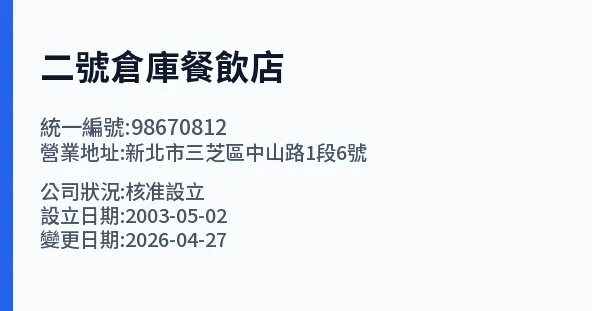 二號倉庫餐飲店的照片-統編 98670812(新北市) 公司登記資料與營業項目詳細圖表