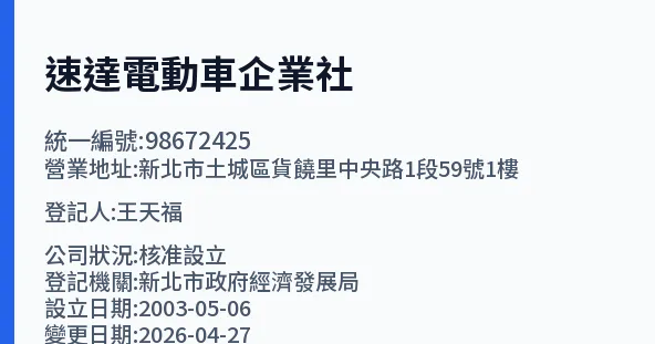 速達電動車企業社的照片-統編 98672425(新北市) 公司登記資料與營業項目詳細圖表