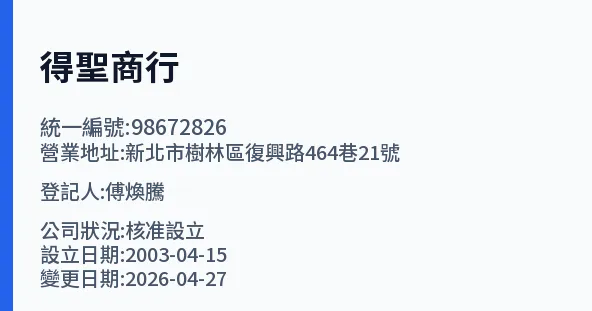得聖商行的照片-統編 98672826(新北市) 公司登記資料與營業項目詳細圖表