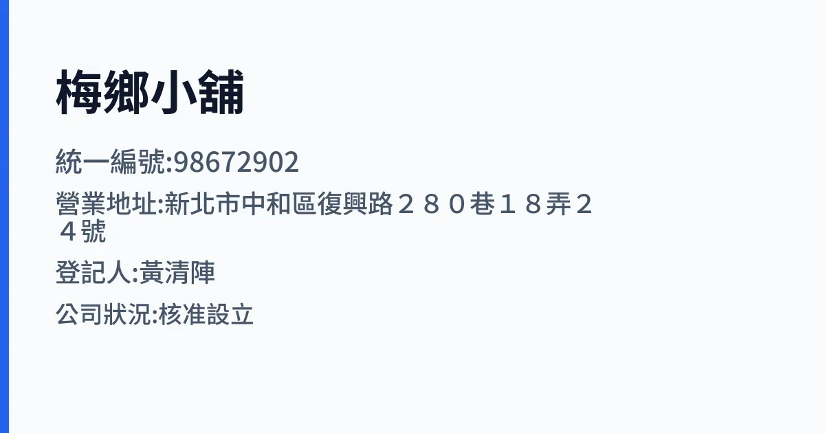 梅鄉小舖 - 統編 98672902(新北市) 公司登記資料與營業項目詳細圖表