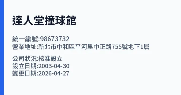 達人堂撞球館的照片-統編 98673732(新北市) 公司登記資料與營業項目詳細圖表