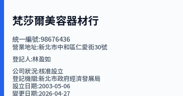梵莎爾美容器材行的照片-統編 98676436(新北市) 公司登記資料與營業項目詳細圖表
