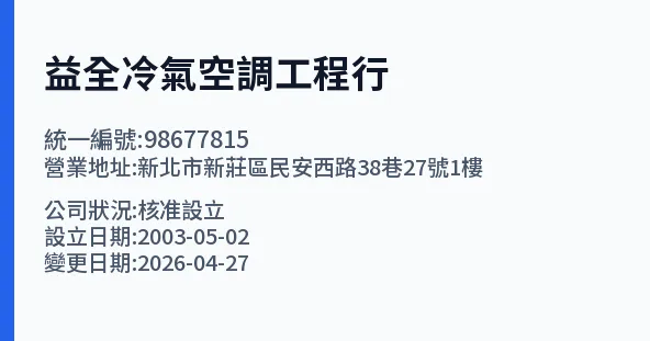 益全冷氣空調工程行的照片-統編 98677815(新北市) 公司登記資料與營業項目詳細圖表