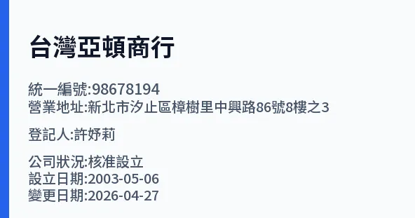 台灣亞頓商行的照片-統編 98678194(新北市) 公司登記資料與營業項目詳細圖表