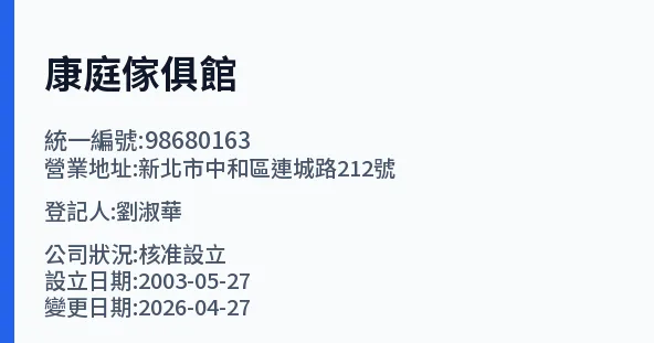 康庭傢俱館的照片-統編 98680163(新北市) 公司登記資料與營業項目詳細圖表
