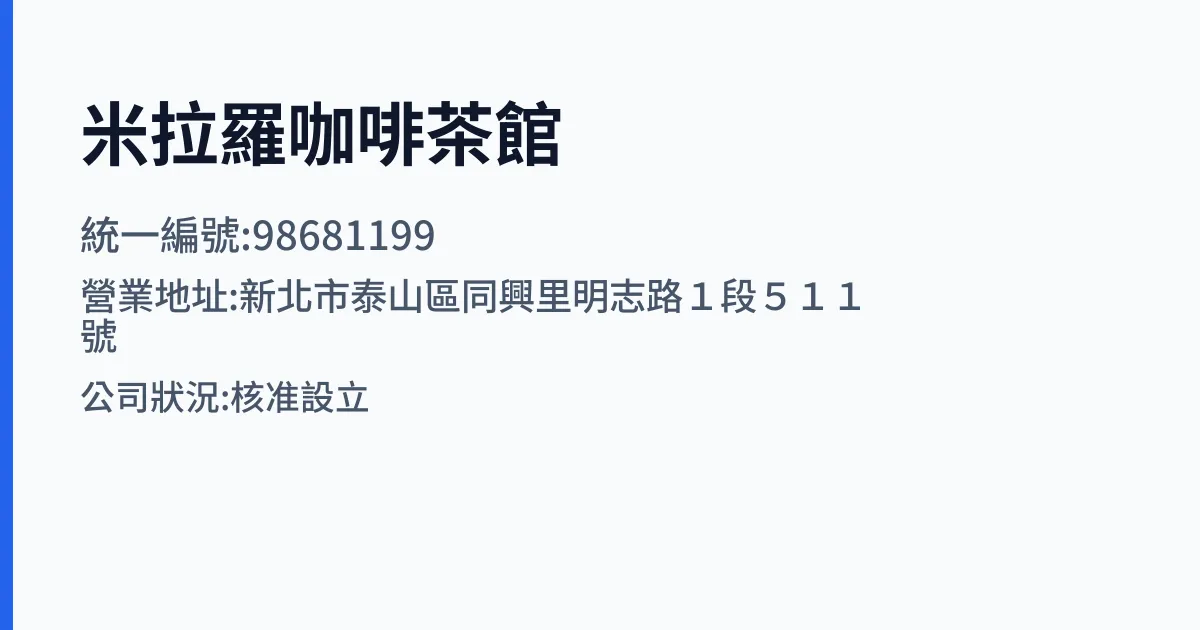 米拉羅咖啡茶館 - 統編 98681199(新北市) 公司登記資料與營業項目詳細圖表