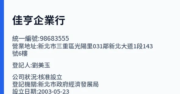 佳亨企業行的照片-統編 98683555(新北市) 公司登記資料與營業項目詳細圖表