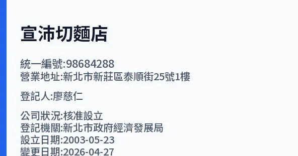宣沛切麵店的照片-統編 98684288(新北市) 公司登記資料與營業項目詳細圖表
