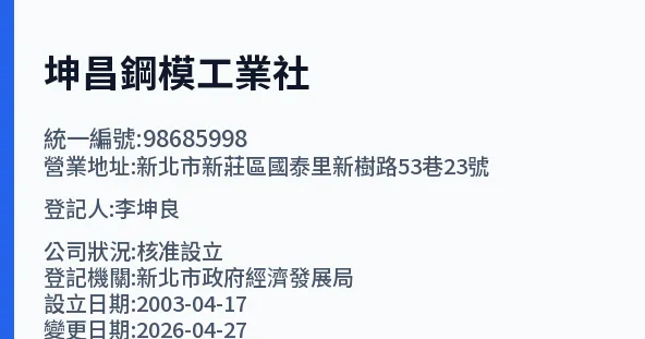 坤昌鋼模工業社的照片-統編 98685998(新北市) 公司登記資料與營業項目詳細圖表