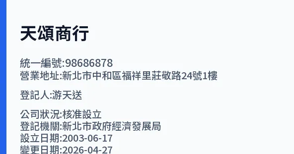 天頌商行的照片-統編 98686878(新北市) 公司登記資料與營業項目詳細圖表