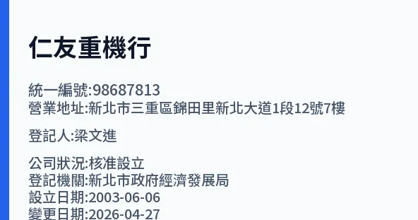 仁友重機行的照片-統編 98687813(新北市) 公司登記資料與營業項目詳細圖表