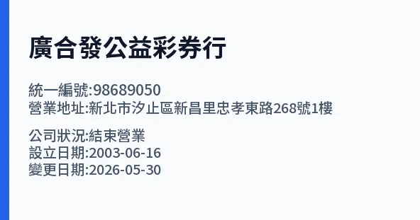廣合發公益彩券行的照片-統編 98689050(新北市) 公司登記資料與營業項目詳細圖表