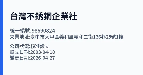台灣不銹鋼企業社的照片-統編 98690824(臺中市) 公司登記資料與營業項目詳細圖表