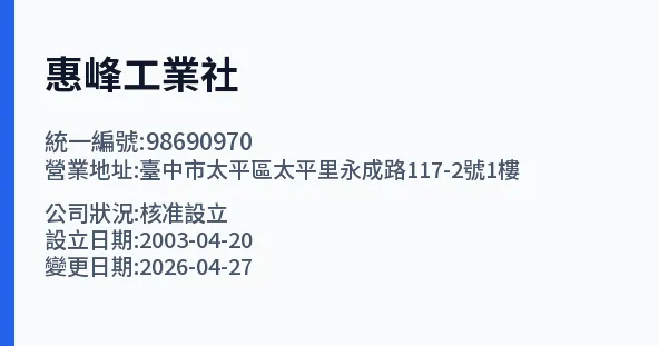 惠峰工業社的照片-統編 98690970(臺中市) 公司登記資料與營業項目詳細圖表
