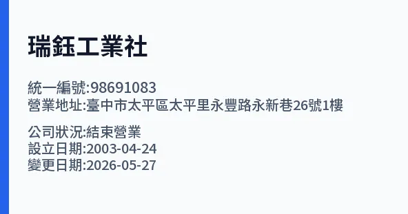 瑞鈺工業社的照片-統編 98691083(臺中市) 公司登記資料與營業項目詳細圖表