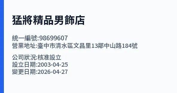 猛將精品男飾店的照片-統編 98699607(臺中市) 公司登記資料與營業項目詳細圖表