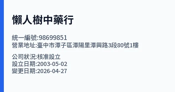 懶人樹中藥行的照片-統編 98699851(臺中市) 公司登記資料與營業項目詳細圖表