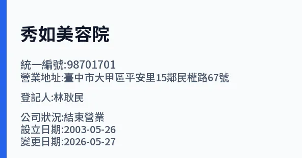 秀如美容院的照片-統編 98701701(臺中市) 公司登記資料與營業項目詳細圖表