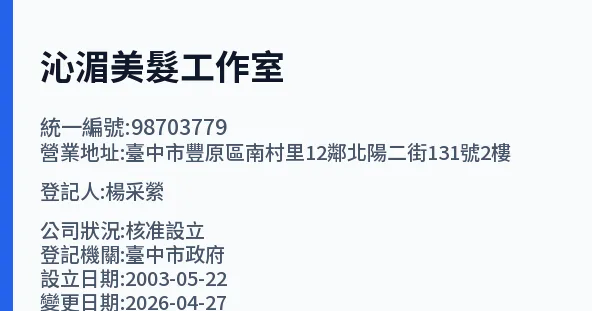 沁湄美髮工作室的照片-統編 98703779(臺中市) 公司登記資料與營業項目詳細圖表