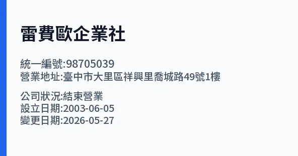 雷費歐企業社的照片-統編 98705039(臺中市) 公司登記資料與營業項目詳細圖表