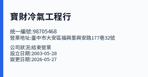 寶財冷氣工程行的照片-統編 98705468(臺中市) 公司登記資料與營業項目詳細圖表