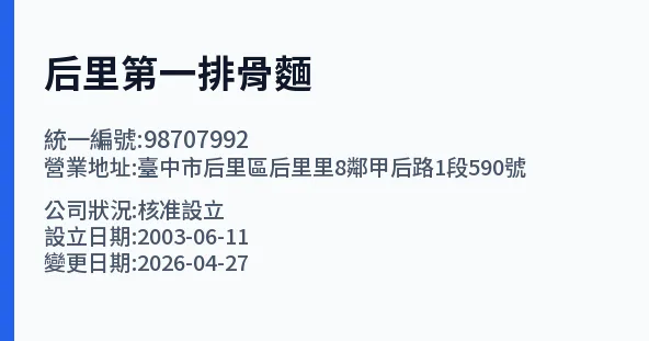 后里第一排骨麵的照片-統編 98707992(臺中市) 公司登記資料與營業項目詳細圖表