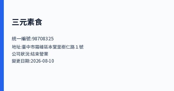 三元素食的照片-統編 98708325(臺中市) 公司登記資料與營業項目詳細圖表