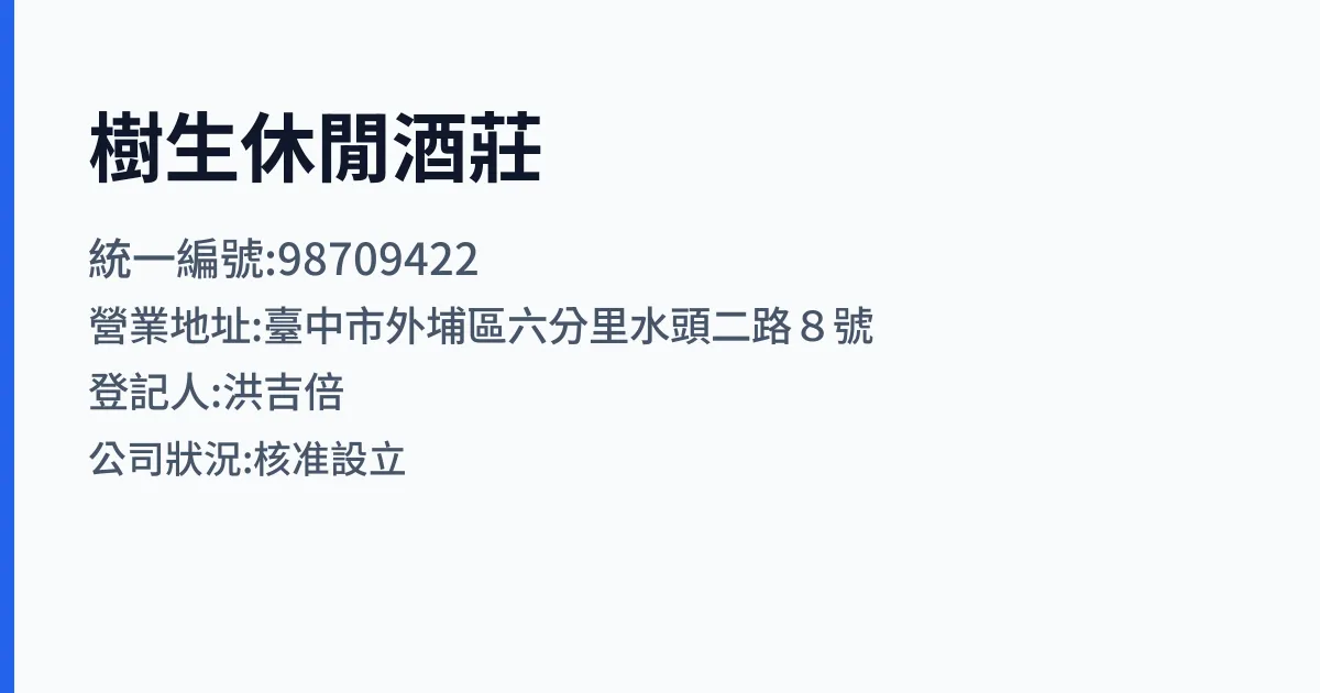 樹生休閒酒莊 - 統編 98709422(臺中市) 公司登記資料與營業項目詳細圖表