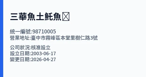 三華魚土魠魚焿的照片-統編 98710005(臺中市) 公司登記資料與營業項目詳細圖表