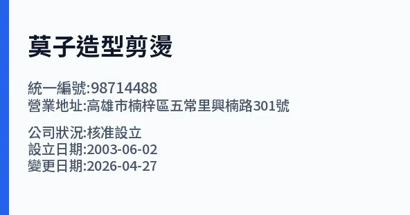 莫子造型剪燙的照片-統編 98714488(高雄市) 公司登記資料與營業項目詳細圖表
