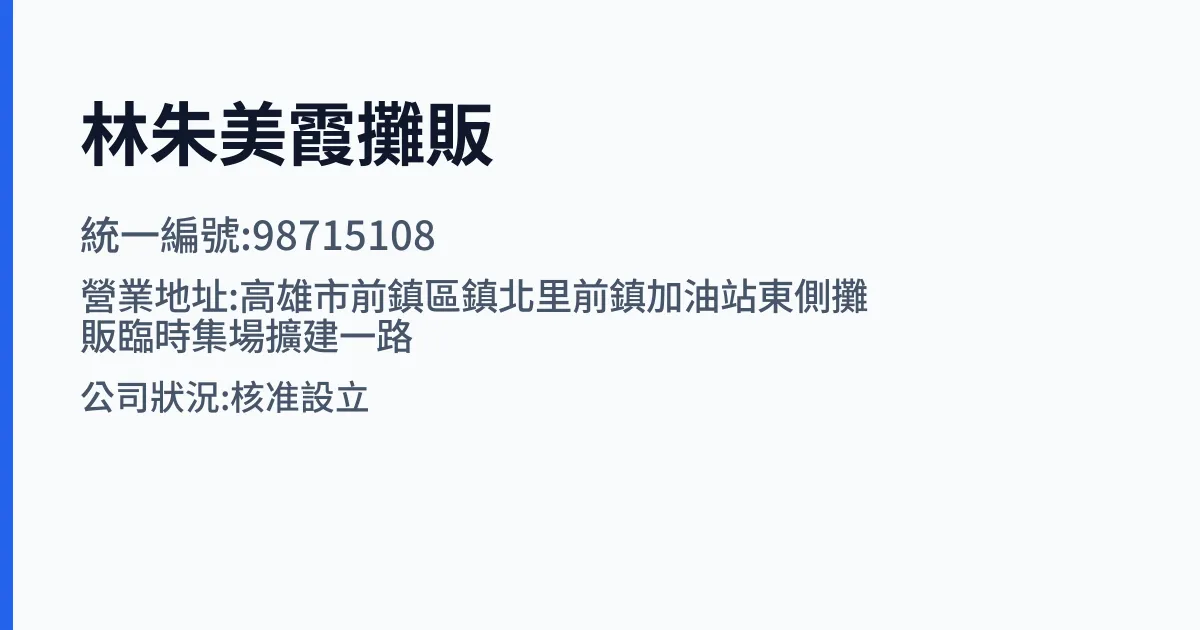 林朱美霞攤販 - 統編 98715108(高雄市) 公司登記資料與營業項目詳細圖表