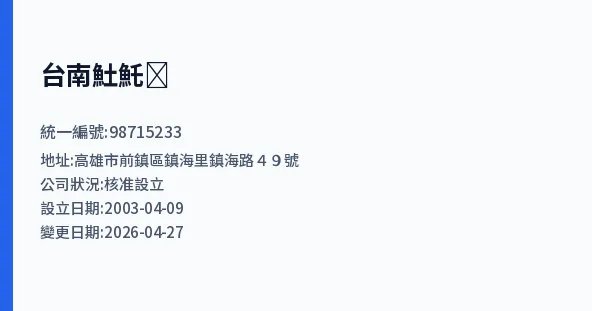 台南𩵚魠焿的照片-統編 98715233(高雄市) 公司登記資料與營業項目詳細圖表