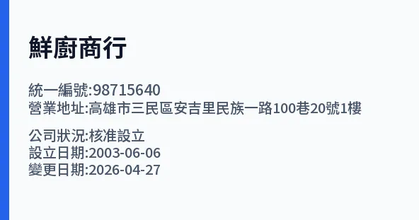 鮮廚商行的照片-統編 98715640(高雄市) 公司登記資料與營業項目詳細圖表