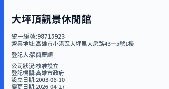 大坪頂觀景休閒館的照片-統編 98715923(高雄市) 公司登記資料與營業項目詳細圖表