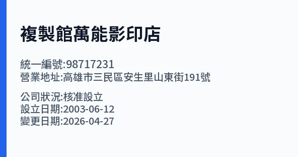 複製館萬能影印店的照片-統編 98717231(高雄市) 公司登記資料與營業項目詳細圖表