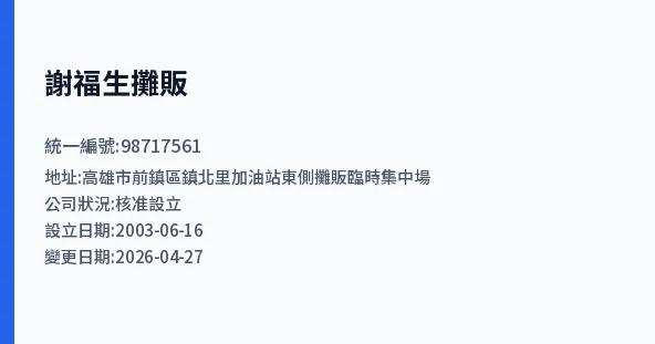 謝福生攤販的照片-統編 98717561(高雄市) 公司登記資料與營業項目詳細圖表