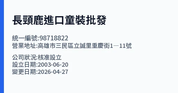 長頸鹿進口童裝批發的照片-統編 98718822(高雄市) 公司登記資料與營業項目詳細圖表