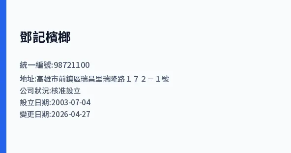 鄧記檳榔的照片-統編 98721100(高雄市) 公司登記資料與營業項目詳細圖表