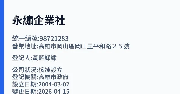 永繡企業社的照片-統編 98721283(高雄市) 公司登記資料與營業項目詳細圖表