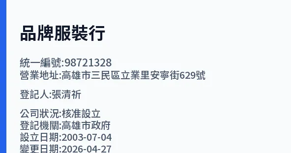品牌服裝行的照片-統編 98721328(高雄市) 公司登記資料與營業項目詳細圖表