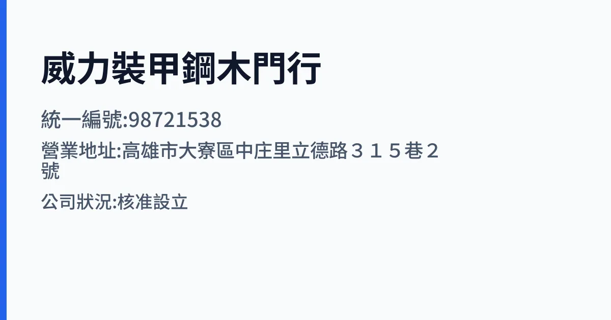 威力裝甲鋼木門行 - 統編 98721538(高雄市) 公司登記資料與營業項目詳細圖表
