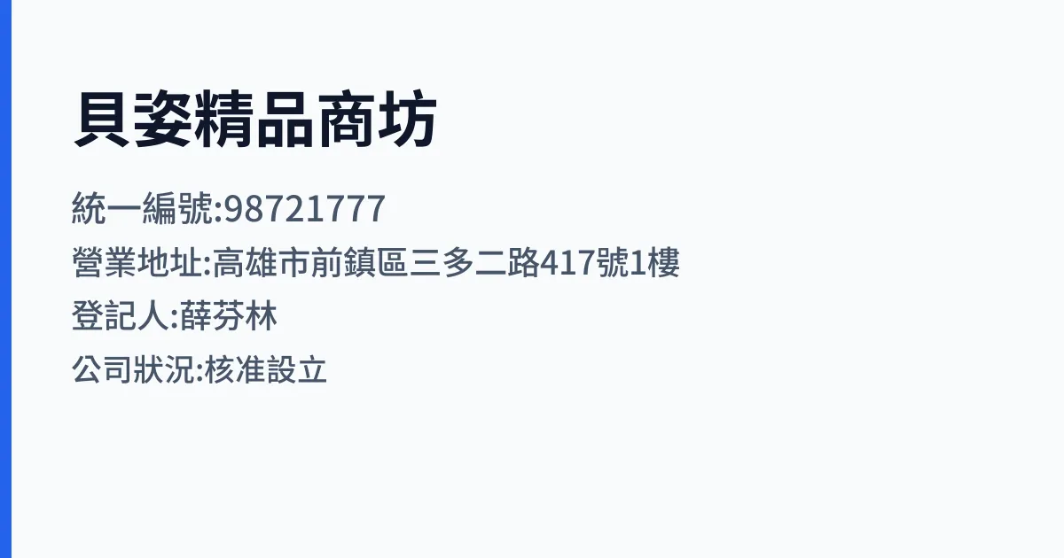 貝姿精品商坊 - 統編 98721777(高雄市) 公司登記資料與營業項目詳細圖表