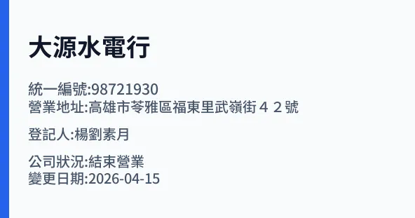 大源水電行的照片-統編 98721930(高雄市) 公司登記資料與營業項目詳細圖表