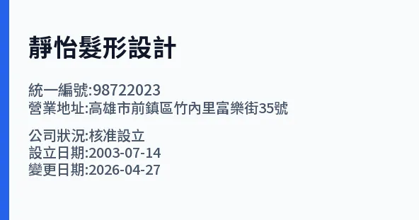 靜怡髮形設計的照片-統編 98722023(高雄市) 公司登記資料與營業項目詳細圖表